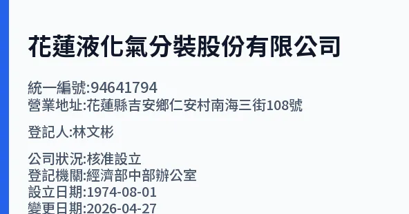 花蓮液化氣分裝股份有限公司的照片-統編 94641794(花蓮縣) 公司登記資料與營業項目詳細圖表