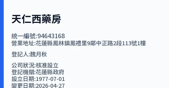 天仁西藥房的照片-統編 94643168(花蓮縣) 公司登記資料與營業項目詳細圖表
