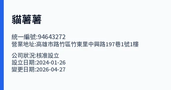 貓薯薯的照片-統編 94643272(高雄市) 公司登記資料與營業項目詳細圖表