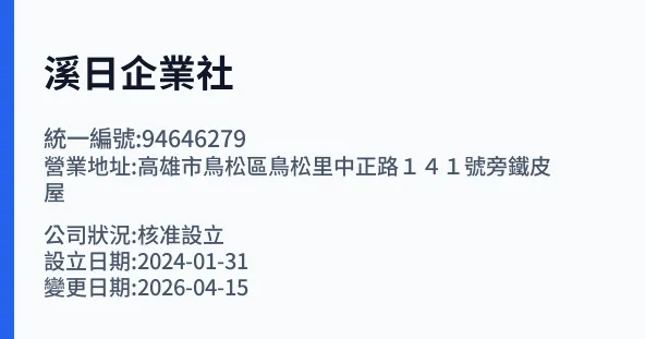 溪日企業社的照片-統編 94646279(高雄市) 公司登記資料與營業項目詳細圖表