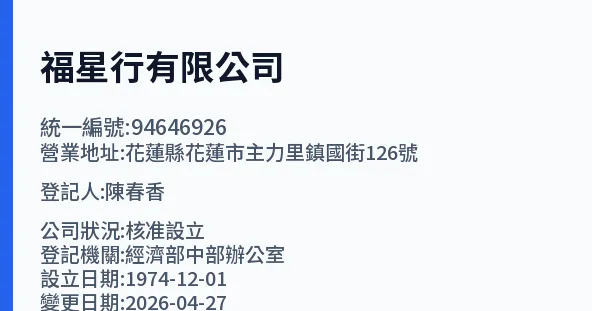 福星行有限公司的照片-統編 94646926(花蓮縣) 公司登記資料與營業項目詳細圖表