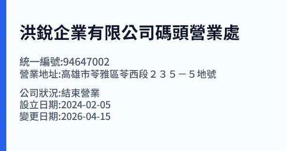 洪銳企業有限公司碼頭營業處的照片-統編 94647002(高雄市) 公司登記資料與營業項目詳細圖表
