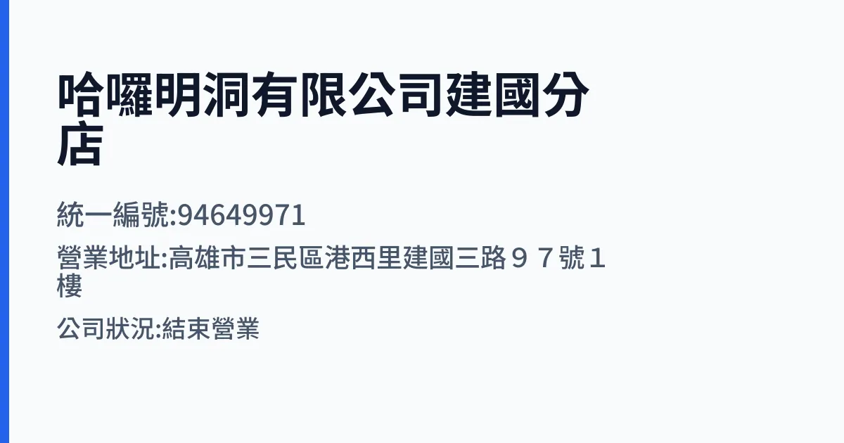 哈囉明洞有限公司建國分店 - 統編 94649971(高雄市) 公司登記資料與營業項目詳細圖表