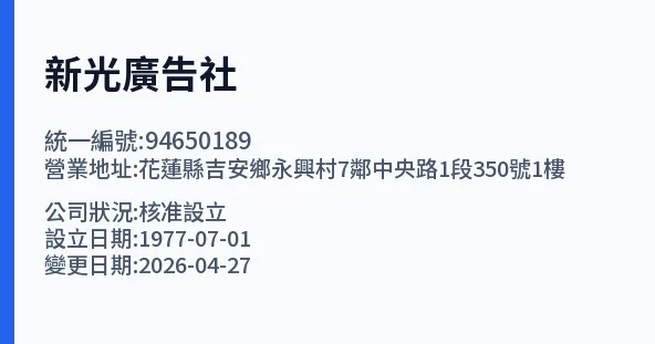新光廣告社的照片-統編 94650189(花蓮縣) 公司登記資料與營業項目詳細圖表