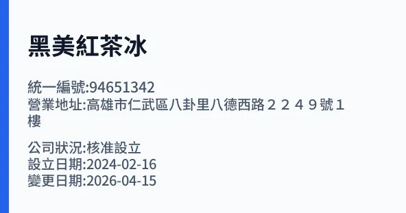 黑美紅茶冰的照片-統編 94651342(高雄市) 公司登記資料與營業項目詳細圖表