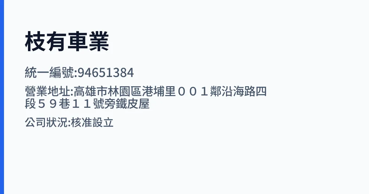 枝有車業 - 統編 94651384(高雄市) 公司登記資料與營業項目詳細圖表