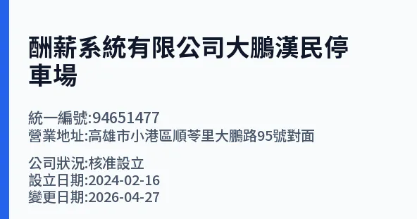 酬薪系統有限公司大鵬漢民停車場的照片-統編 94651477(高雄市) 公司登記資料與營業項目詳細圖表