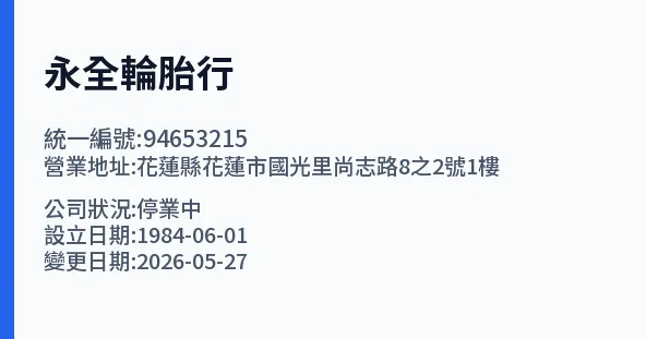 永全輪胎行的照片-統編 94653215(花蓮縣) 公司登記資料與營業項目詳細圖表