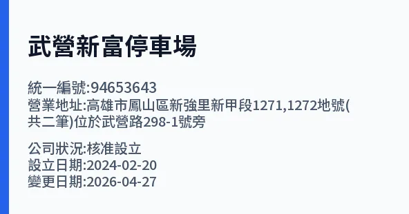 武營新富停車場的照片-統編 94653643(高雄市) 公司登記資料與營業項目詳細圖表
