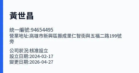 黃世昌的照片-統編 94654495(高雄市) 公司登記資料與營業項目詳細圖表