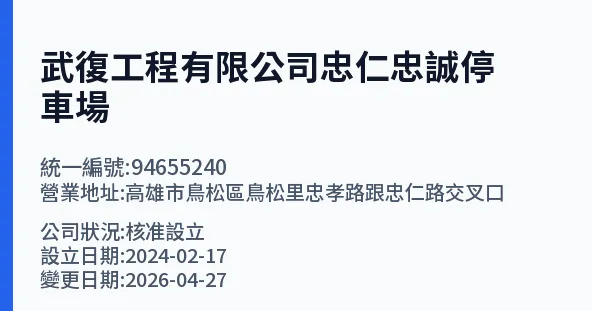 武復工程有限公司忠仁忠誠停車場的照片-統編 94655240(高雄市) 公司登記資料與營業項目詳細圖表