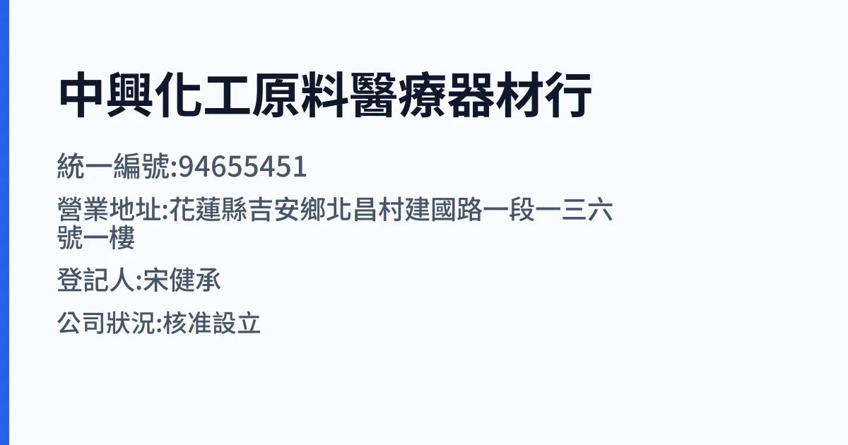 中興化工原料醫療器材行 - 統編 94655451(花蓮縣) 公司登記資料與營業項目詳細圖表