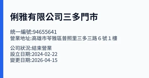 俐雅有限公司三多門市的照片-統編 94655641(高雄市) 公司登記資料與營業項目詳細圖表