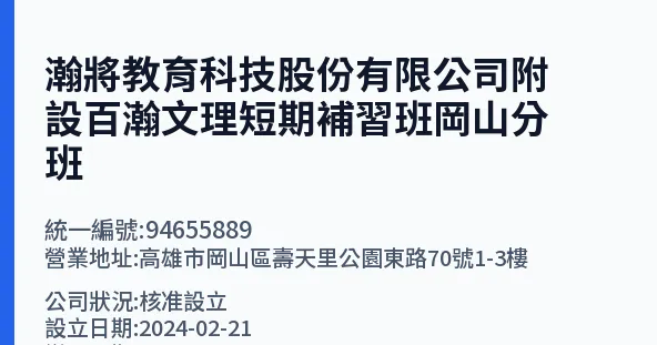 瀚將教育科技股份有限公司附設百瀚文理短期補習班岡山分班的照片-統編 94655889(高雄市) 公司登記資料與營業項目詳細圖表