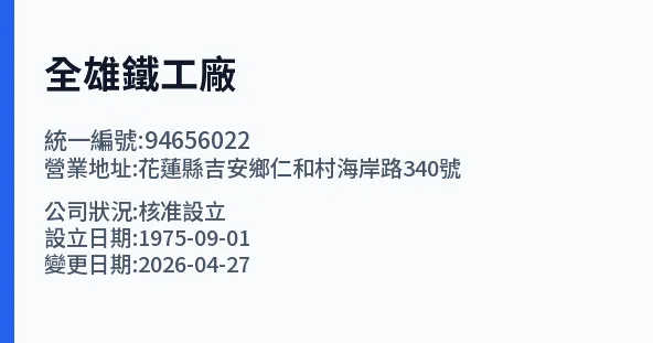 全雄鐵工廠的照片-統編 94656022(花蓮縣) 公司登記資料與營業項目詳細圖表