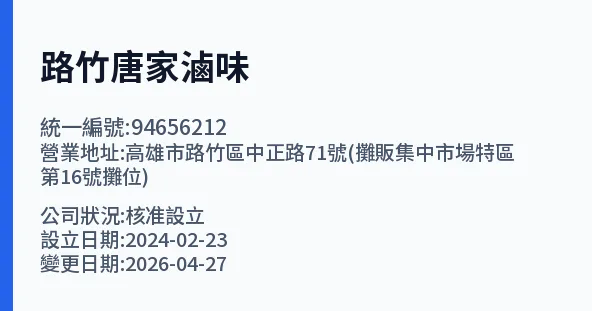路竹唐家滷味的照片-統編 94656212(高雄市) 公司登記資料與營業項目詳細圖表