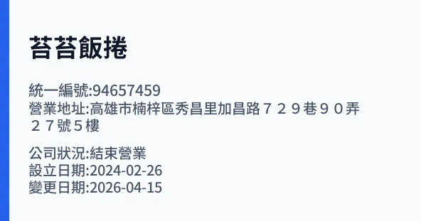 苔苔飯捲的照片-統編 94657459(高雄市) 公司登記資料與營業項目詳細圖表