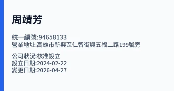 周靖芳的照片-統編 94658133(高雄市) 公司登記資料與營業項目詳細圖表