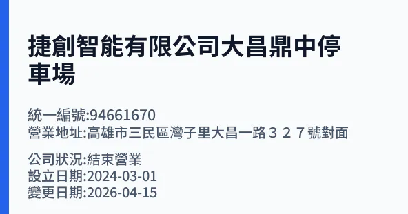 捷創智能有限公司大昌鼎中停車場的照片-統編 94661670(高雄市) 公司登記資料與營業項目詳細圖表
