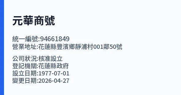 元華商號的照片-統編 94661849(花蓮縣) 公司登記資料與營業項目詳細圖表