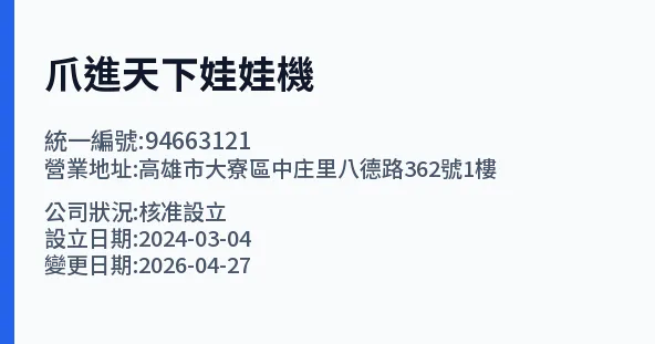 爪進天下娃娃機的照片-統編 94663121(高雄市) 公司登記資料與營業項目詳細圖表