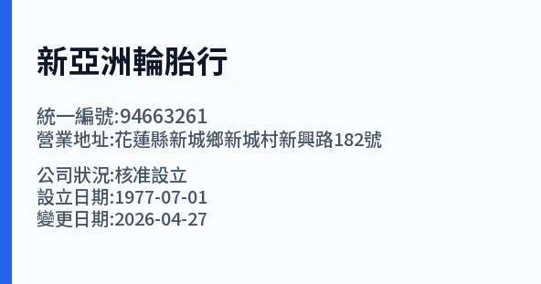 新亞洲輪胎行的照片-統編 94663261(花蓮縣) 公司登記資料與營業項目詳細圖表