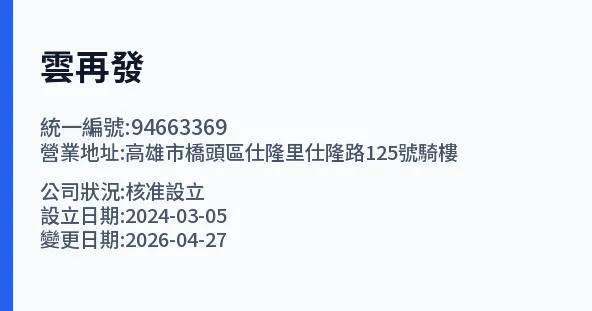 雲再發的照片-統編 94663369(高雄市) 公司登記資料與營業項目詳細圖表