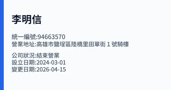 李明信的照片-統編 94663570(高雄市) 公司登記資料與營業項目詳細圖表