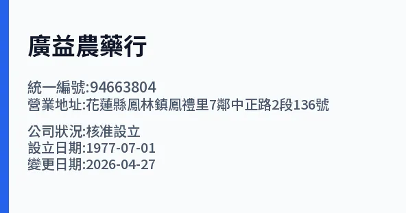 廣益農藥行的照片-統編 94663804(花蓮縣) 公司登記資料與營業項目詳細圖表