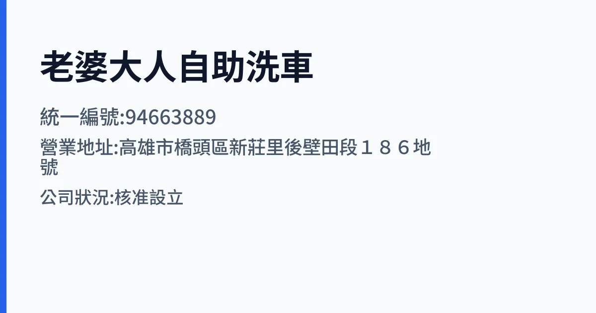 老婆大人自助洗車 - 統編 94663889(高雄市) 公司登記資料與營業項目詳細圖表