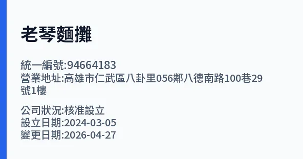 老琴麵攤的照片-統編 94664183(高雄市) 公司登記資料與營業項目詳細圖表