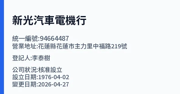 新光汽車電機行的照片-統編 94664487(花蓮縣) 公司登記資料與營業項目詳細圖表