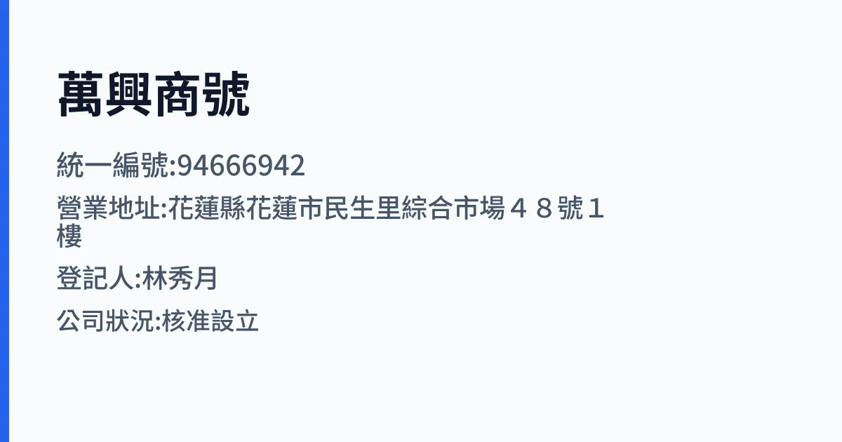 萬興商號 - 統編 94666942(花蓮縣) 公司登記資料與營業項目詳細圖表