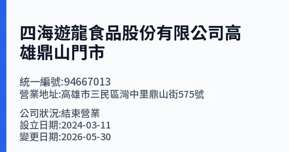 四海遊龍食品股份有限公司高雄鼎山門市的照片-統編 94667013(高雄市) 公司登記資料與營業項目詳細圖表
