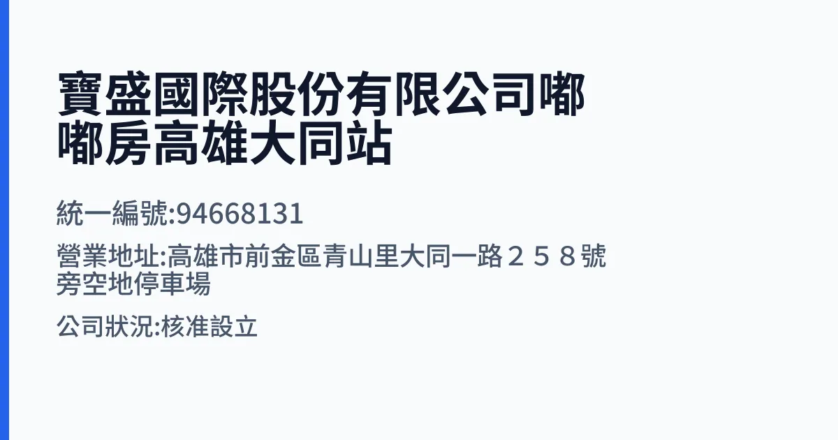 寶盛國際股份有限公司嘟嘟房高雄大同站 - 統編 94668131(高雄市) 公司登記資料與營業項目詳細圖表