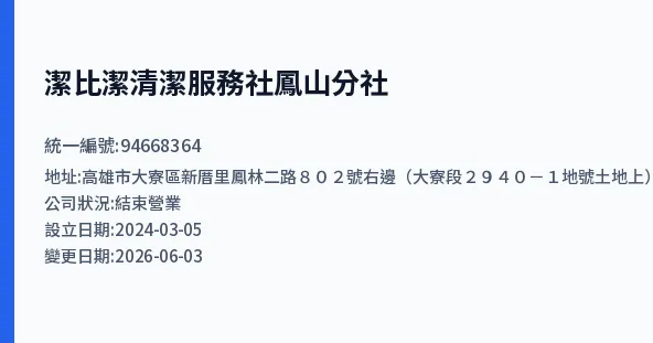 潔比潔清潔服務社鳳山分社的照片-統編 94668364(高雄市) 公司登記資料與營業項目詳細圖表