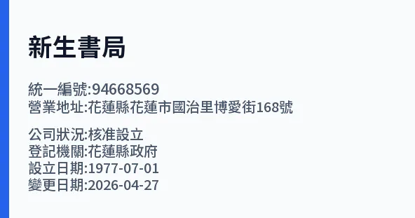 新生書局的照片-統編 94668569(花蓮縣) 公司登記資料與營業項目詳細圖表