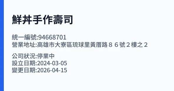 鮮丼手作壽司的照片-統編 94668701(高雄市) 公司登記資料與營業項目詳細圖表