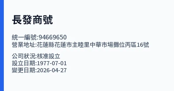 長發商號的照片-統編 94669650(花蓮縣) 公司登記資料與營業項目詳細圖表