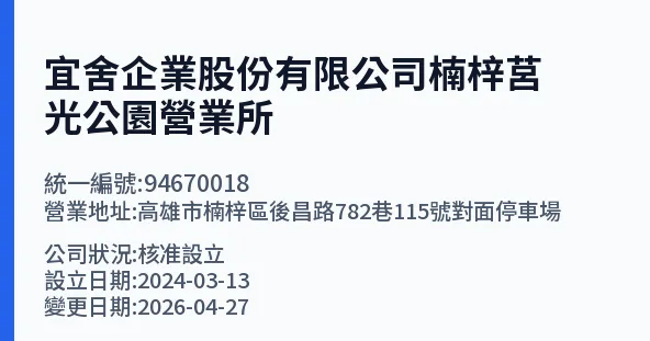 宜舍企業股份有限公司楠梓莒光公園營業所的照片-統編 94670018(高雄市) 公司登記資料與營業項目詳細圖表