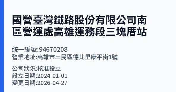 國營臺灣鐵路股份有限公司南區營運處高雄運務段三塊厝站的照片-統編 94670208(高雄市) 公司登記資料與營業項目詳細圖表