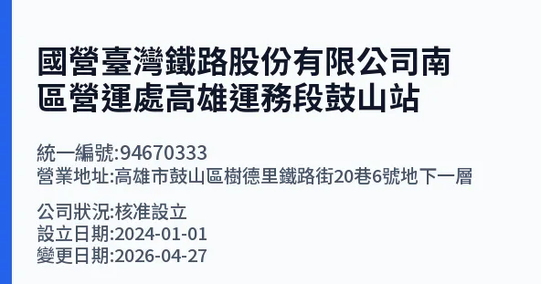 國營臺灣鐵路股份有限公司南區營運處高雄運務段鼓山站的照片-統編 94670333(高雄市) 公司登記資料與營業項目詳細圖表