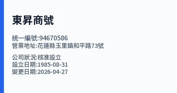 東昇商號的照片-統編 94670586(花蓮縣) 公司登記資料與營業項目詳細圖表
