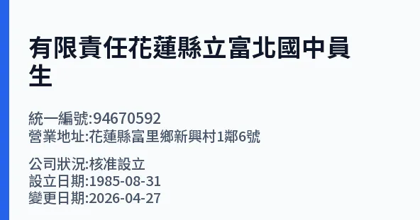 有限責任花蓮縣立富北國中員生的照片-統編 94670592(花蓮縣) 公司登記資料與營業項目詳細圖表
