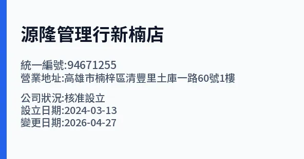 源隆管理行新楠店的照片-統編 94671255(高雄市) 公司登記資料與營業項目詳細圖表