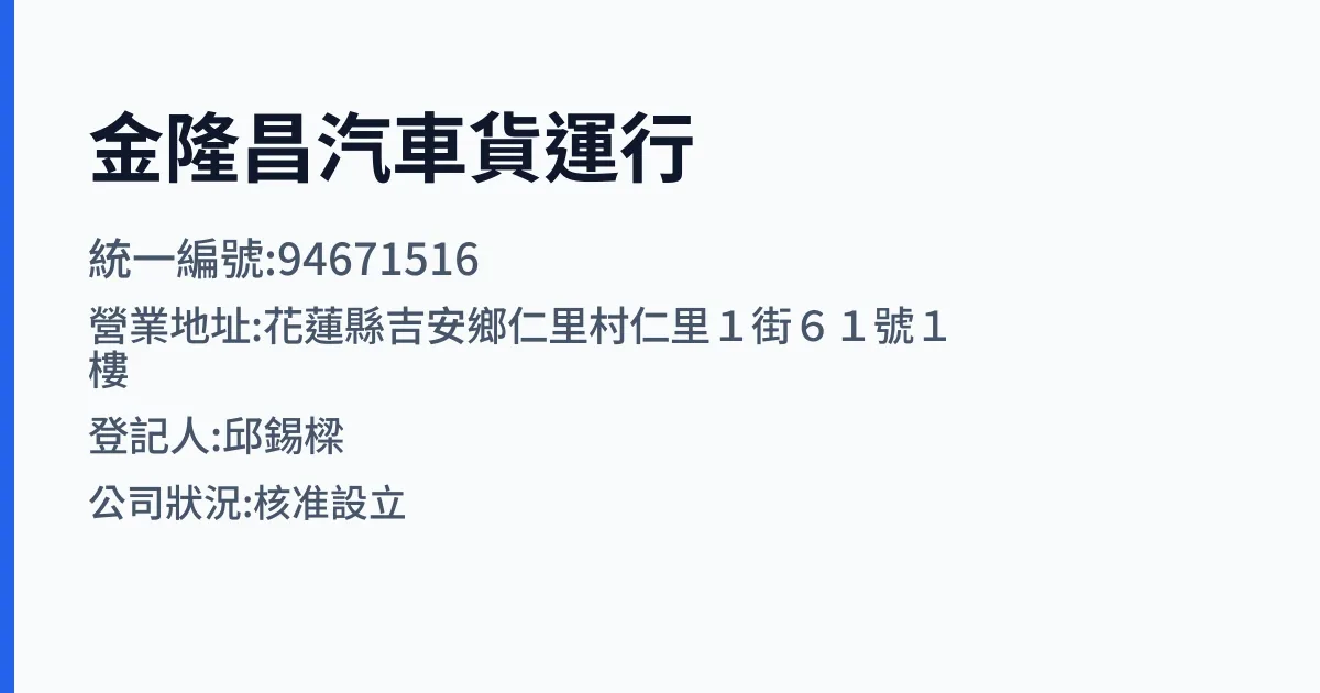 金隆昌汽車貨運行 - 統編 94671516(花蓮縣) 公司登記資料與營業項目詳細圖表