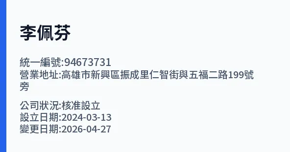 李佩芬的照片-統編 94673731(高雄市) 公司登記資料與營業項目詳細圖表