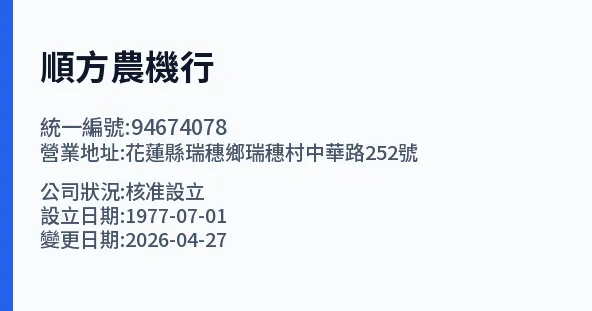 順方農機行的照片-統編 94674078(花蓮縣) 公司登記資料與營業項目詳細圖表