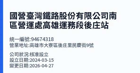 國營臺灣鐵路股份有限公司南區營運處高雄運務段後庄站的照片-統編 94674318(高雄市) 公司登記資料與營業項目詳細圖表