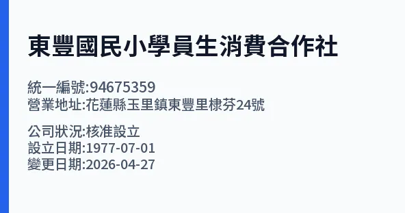 東豐國民小學員生消費合作社的照片-統編 94675359(花蓮縣) 公司登記資料與營業項目詳細圖表